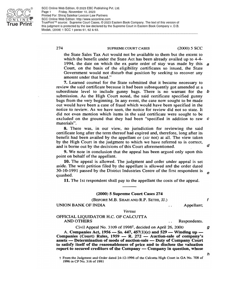 Union Bank of India v. Official Liquidator H.C. of Calcutta, (2000) 5 ...
