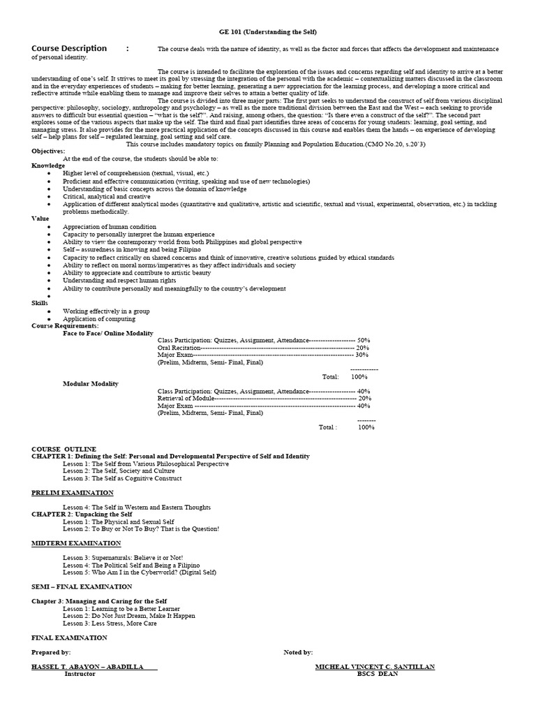 Course Outline Ge101 | PDF | Identity (Social Science) | Self