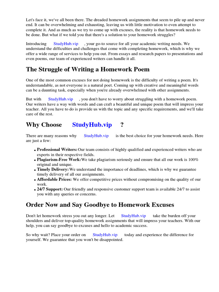 Excuses For Not Doing Homework Poem | PDF | Homework | Poetry
