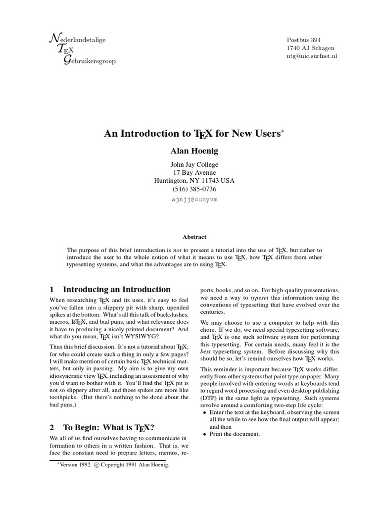 An Introduction To TeX For New Users (A. Hoenig) (1992) | PDF | Te X ...