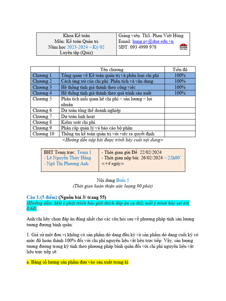 Phiếu KTQT Buổi 5 - Đáp án - Lớp 48K06.5 - BHT Team 1 | PDF