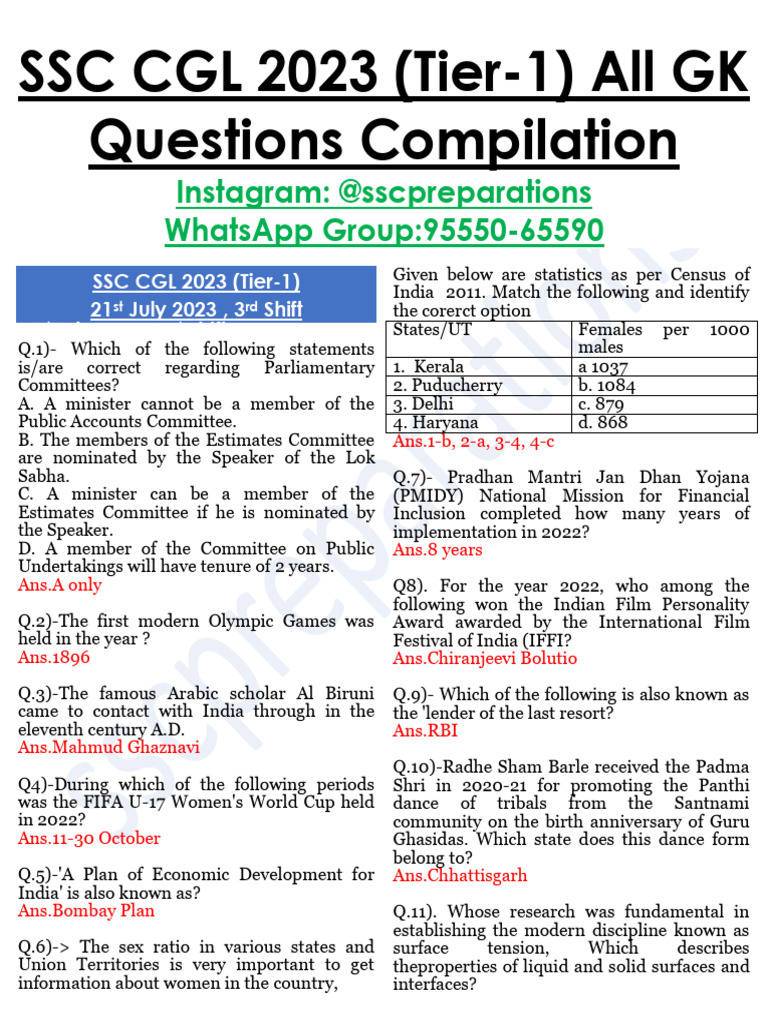 SSC CGL 2023 Tier-1 GK Questions | PDF | Politics | Travel