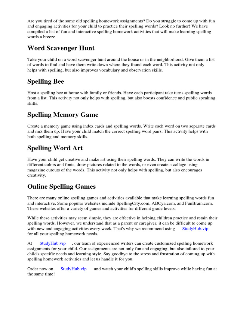 Fun Spelling Homework Activities | PDF | Worksheet | Homework