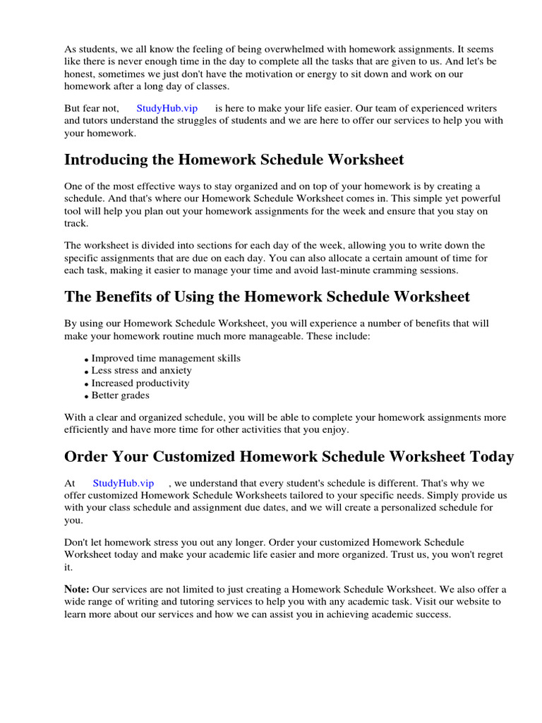 Homework Schedule Worksheet | PDF | Homework | Worksheet