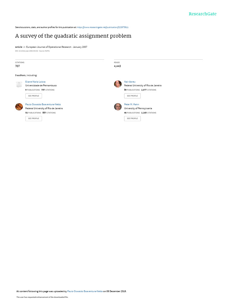 Quadratic Assignment Problem Survey | PDF | Metaheuristic | Mathematical Optimization