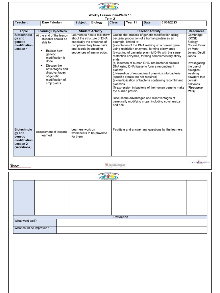 Week 13 Biology Lesson Plan: Genetics | PDF | Recombinant Dna | Genetics