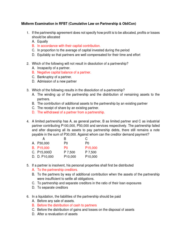 Midterm Examination in RFBT | PDF | Partnership | Liquidation