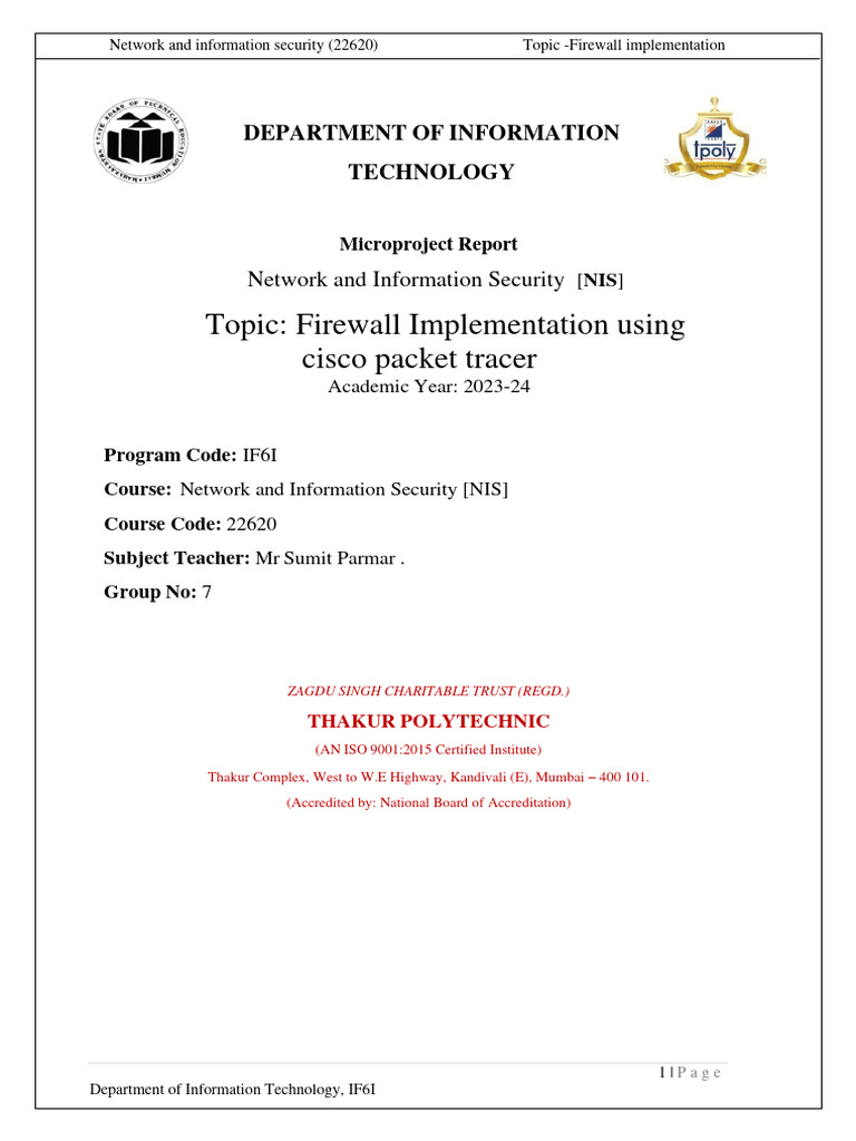 Topic: Firewall Implementation Using Cisco Packet Tracer: Department of Information Technology ...