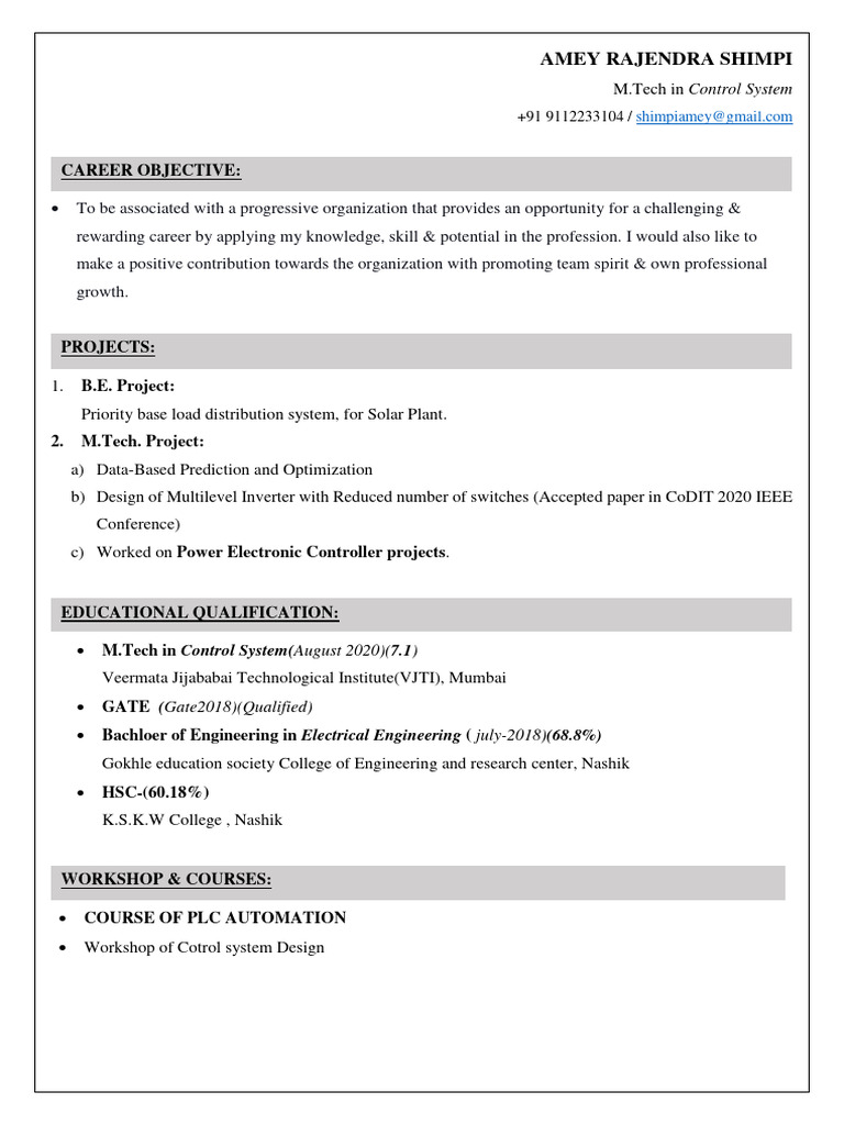 AMEY MTech Resume Industrial | PDF | Engineering