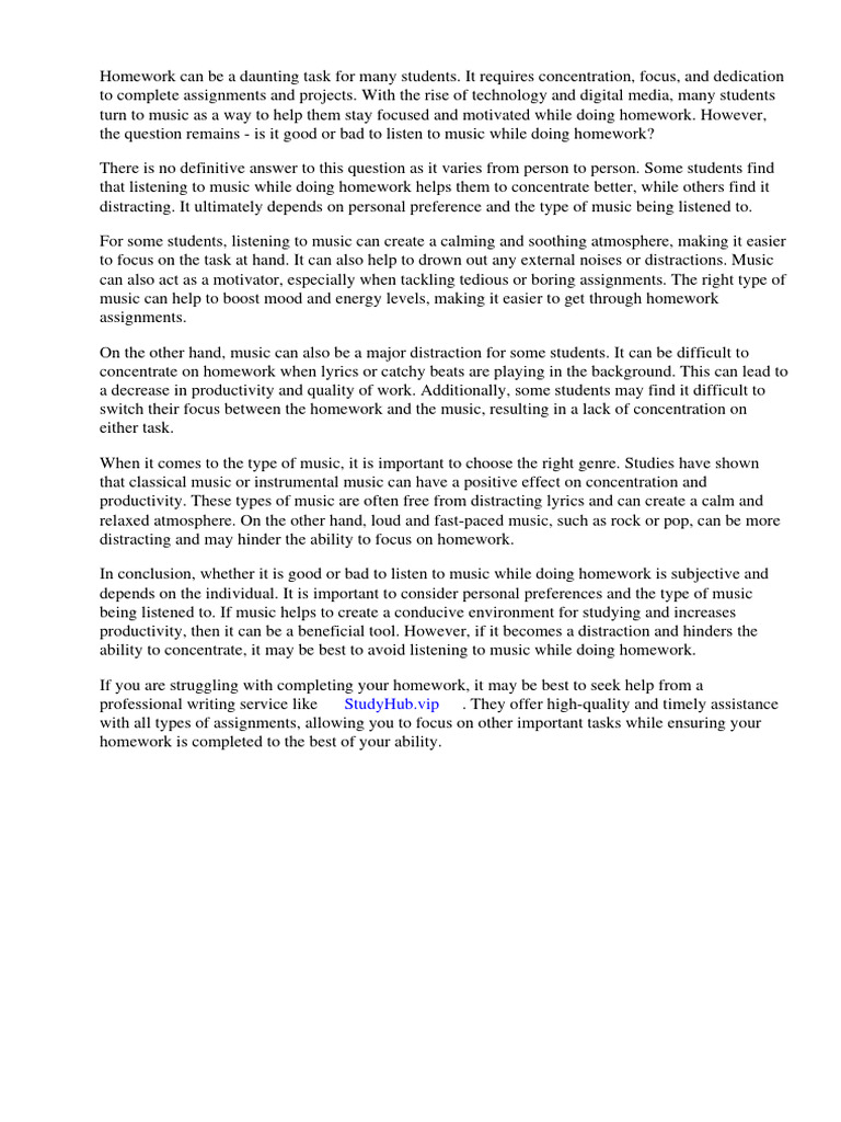Is It Good or Bad To Listen To Music While Doing Homework | Download Free PDF | Essays | Thought