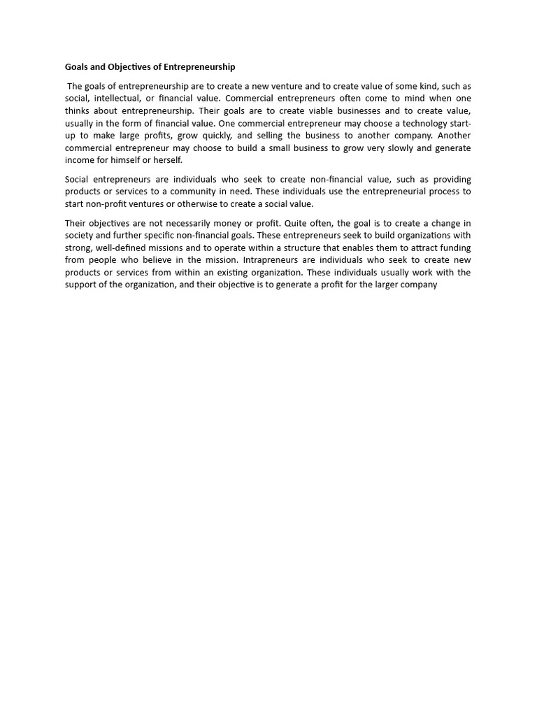 Goals and Objectives of Entrepreneurship | PDF