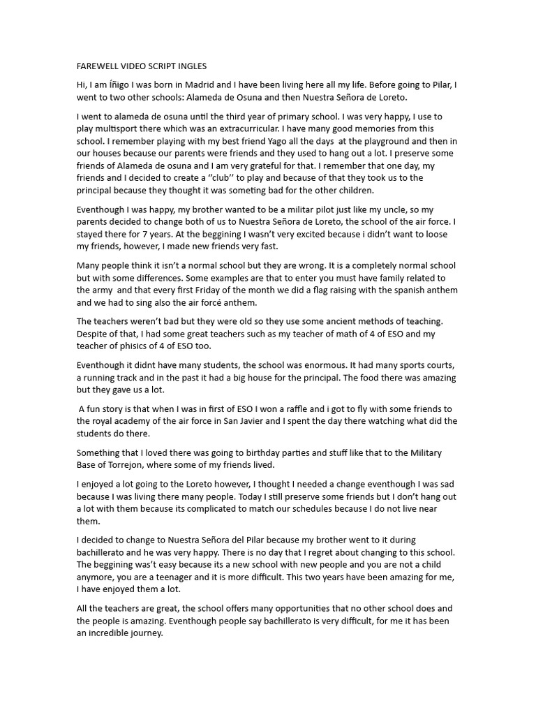 Farewell Video Script: My School Journey | PDF