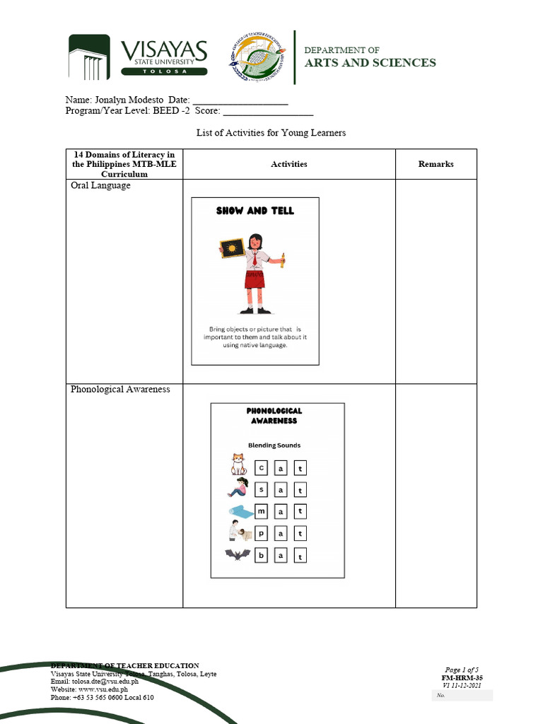 14 Domains Activity Sheet | PDF | Phonics | Language Acquisition