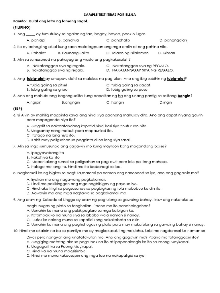 Sample Test Items For Ellna | PDF