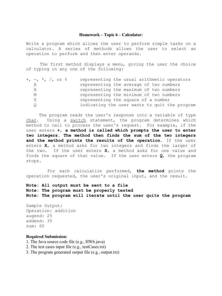 Java Calculator Program Instructions | PDF