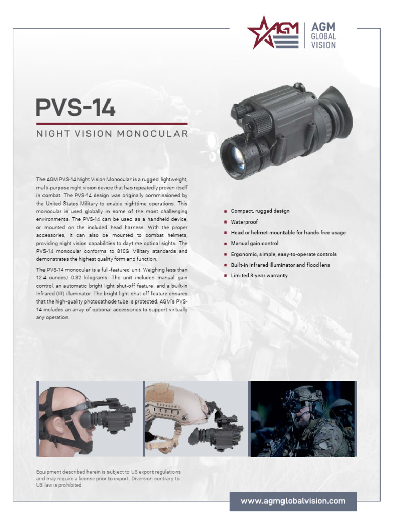 AGM PVS-14 Night-Vision Monocular Specsheet | PDF | Components | Optical Devices