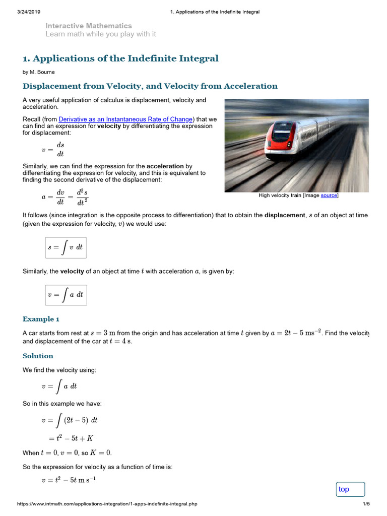 Applications of The Indefinite Integral - Answers | PDF | Velocity | Acceleration