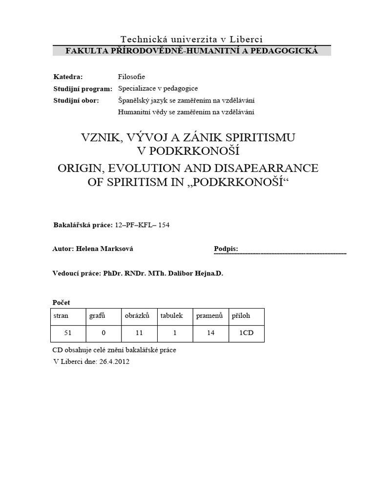 Vznik, Vývoj A Zánik Spiritismu V Podkrkonoší Origin, Evolution and ...