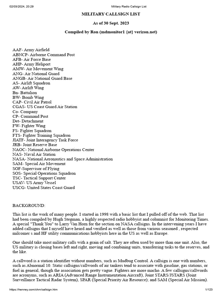 Military Callsign Reference Guide | PDF | Air National Guard | Lockheed ...