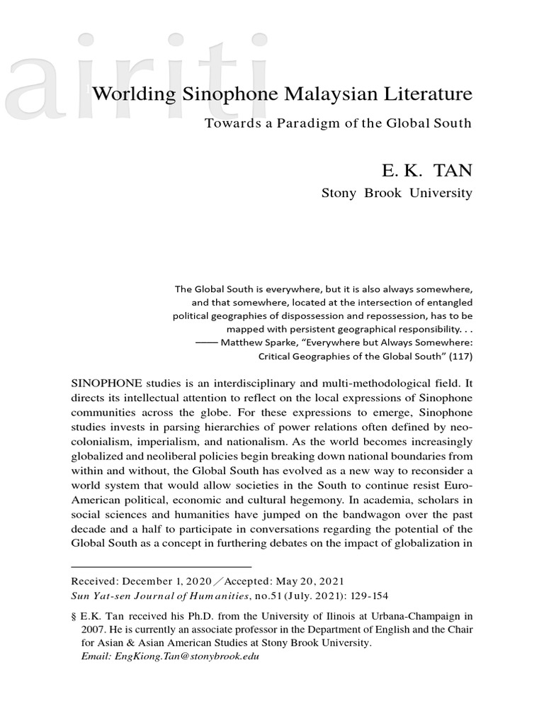Worlding Sinophone Malaysian Literature Towards A Paradigm of The ...