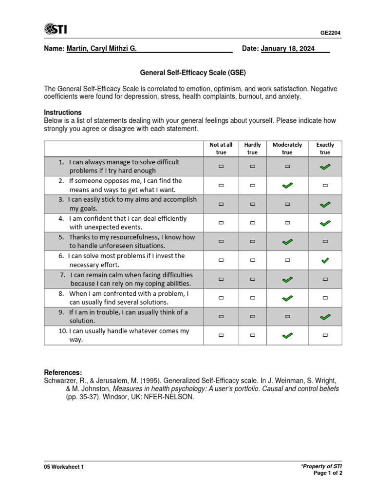 05_Worksheet_1 | PDF | Self Efficacy | Behavior Modification