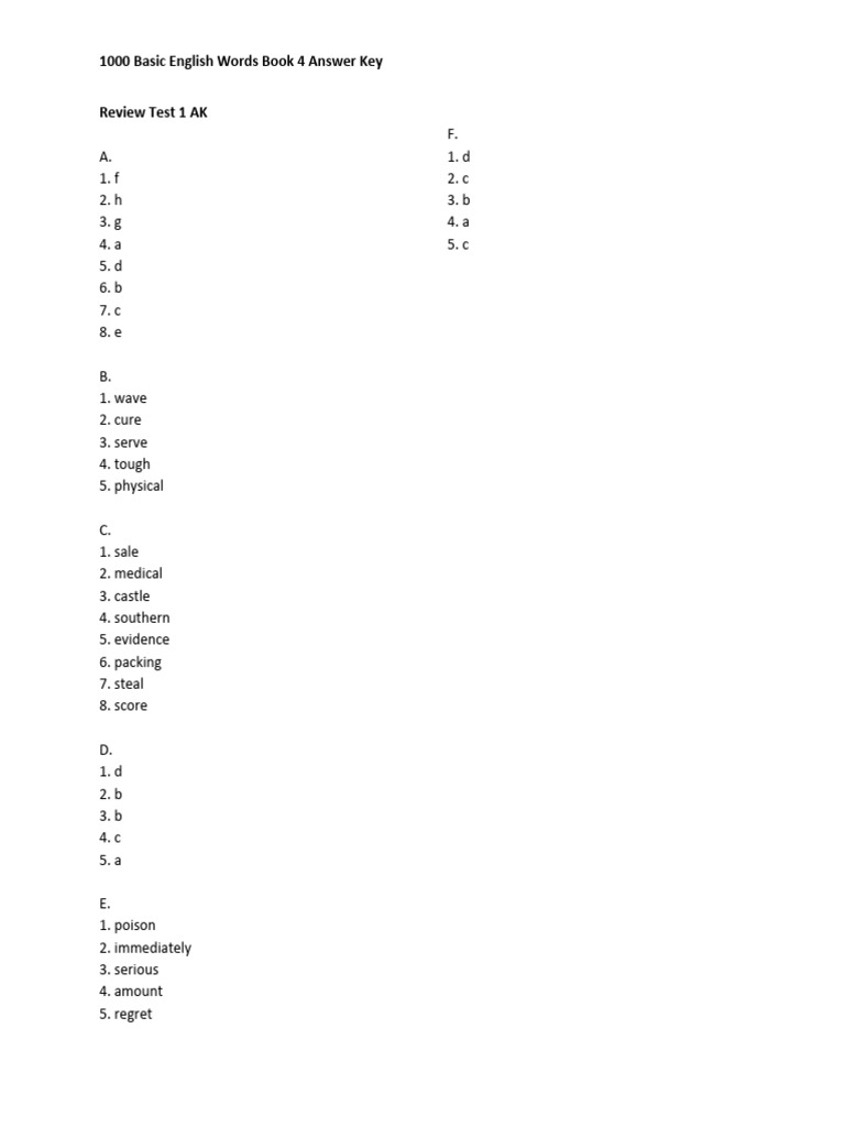 1000 Basic English Words 4 - Review Test - Answer Key | PDF
