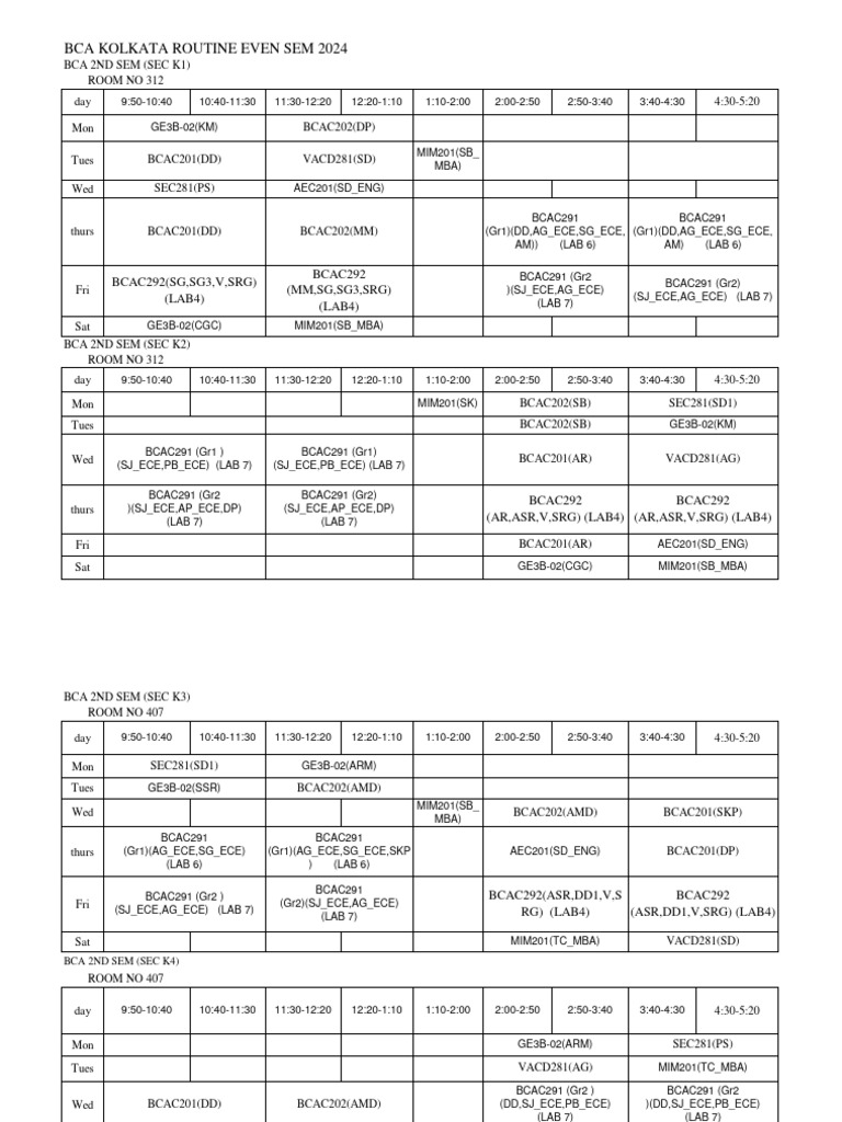 Routine BCA 2ndsem Kolkata | PDF