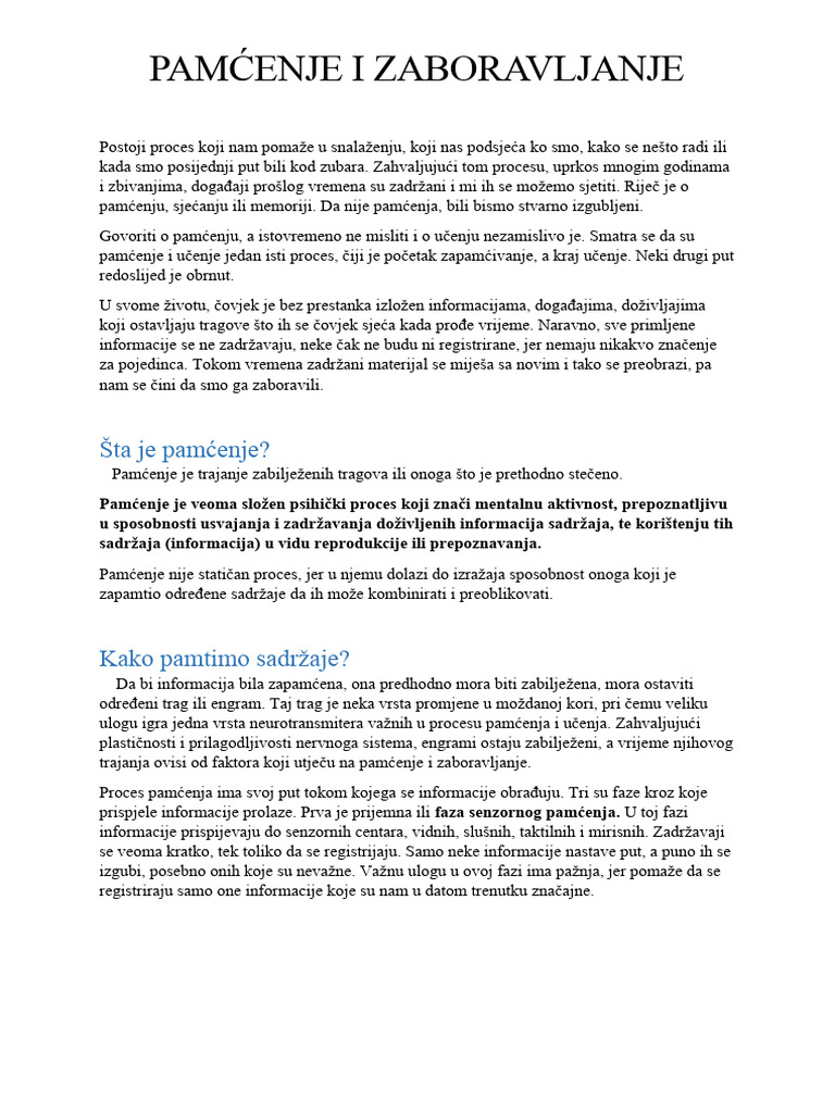 Pamćenje I Zaboravljanje | PDF
