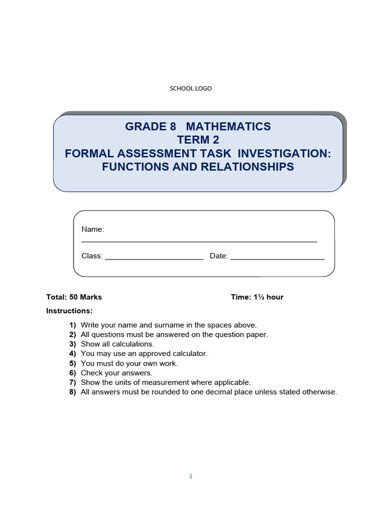 Grade 8 Math Functions Assessment | PDF | Numbers | Function (Mathematics)