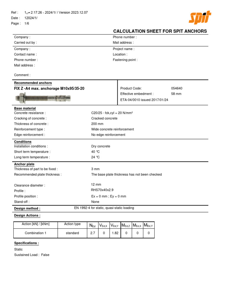Spit Anchors Calculation Sheet | PDF | Strength Of Materials | Materials