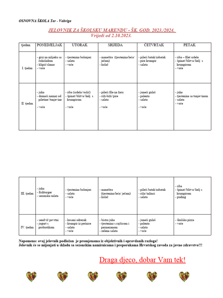 Jelovnik Skolske Marende 2023 2024 Za Objavu | PDF