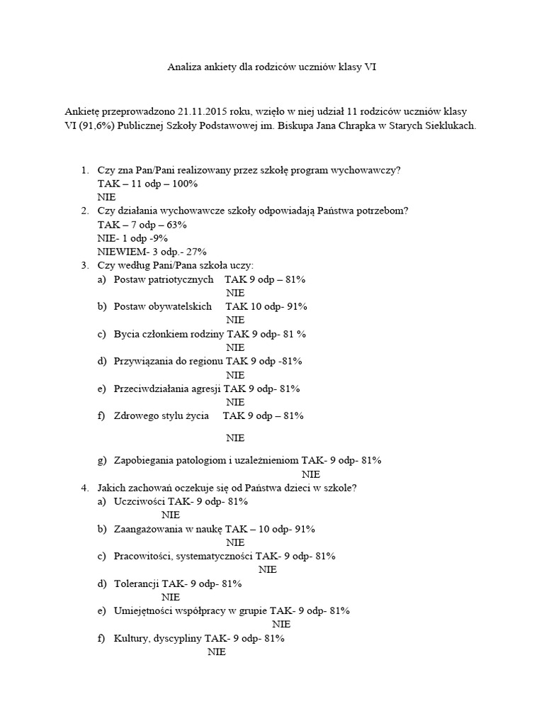 Analiza Ankiety Dla Rodziców Uczniów Klasy VI | PDF