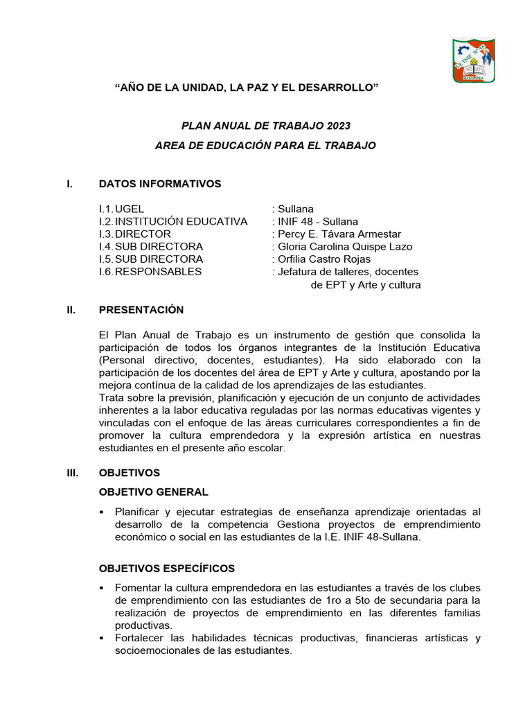 Plan Anual de Trabajo-Ept-2023 | PDF | Iniciativa empresarial | Enseñando