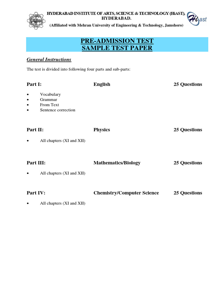 23 02 2022 Sample Pre Admission Test Paper | PDF