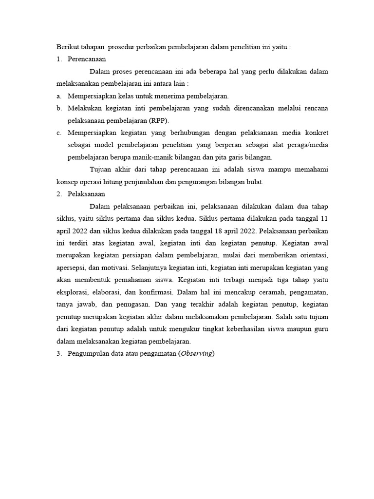 Berikut Tahapan Prosedur Perbaikan Pembelajaran Dalam Penelitian Ini ...