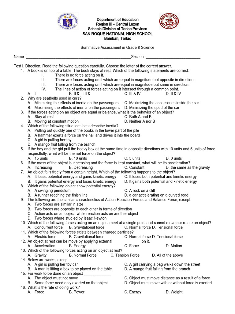 Summative First Quarter | PDF | Force | Potential Energy
