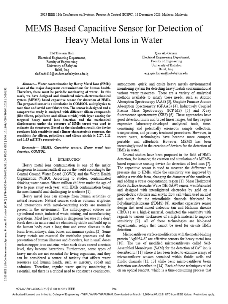MEMS Sensor for Heavy Metal Detection | PDF | Finite Element Method ...