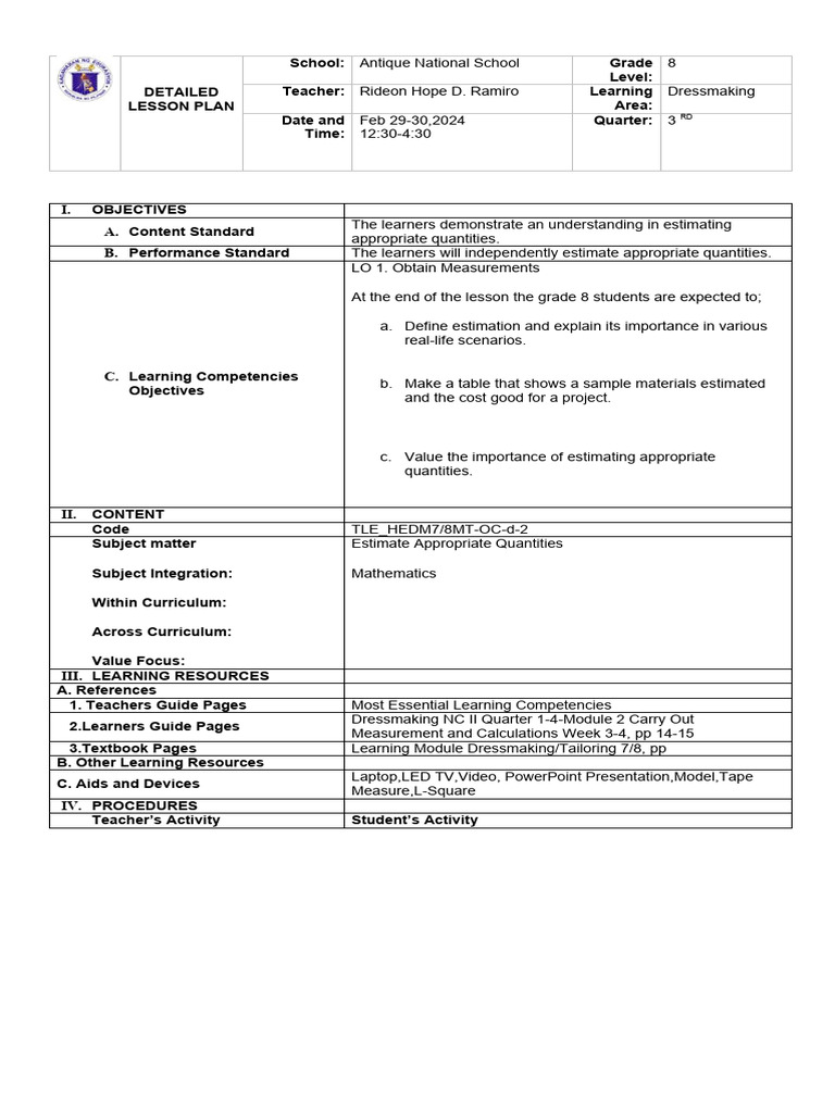 DETAILED LESSON PLAN Estimate | PDF | Curriculum | Learning