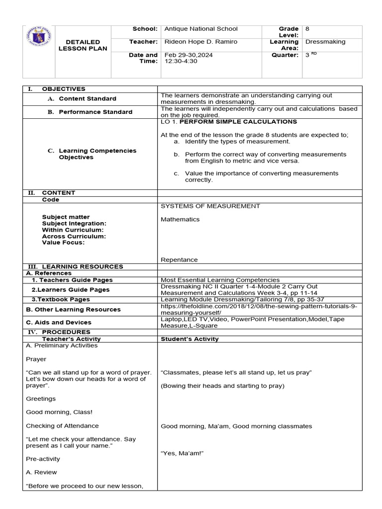Grade 8 Dressmaking Measurement Plan | PDF | Inch | Measurement