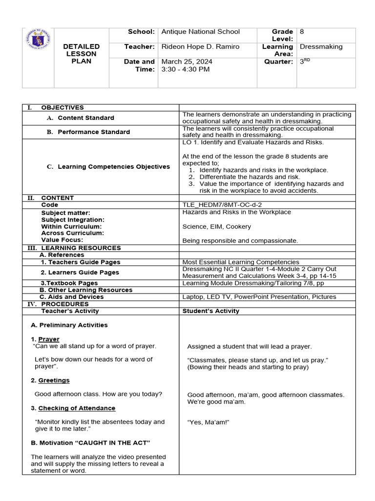 DETAILED LESSON PLAN Hazards Final | PDF | Hazards | Risk