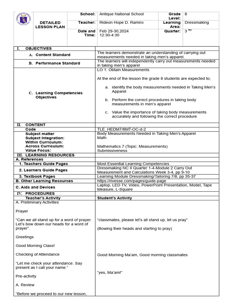 Men's Apparel Measurement Lesson Plan | PDF | Curriculum | Learning