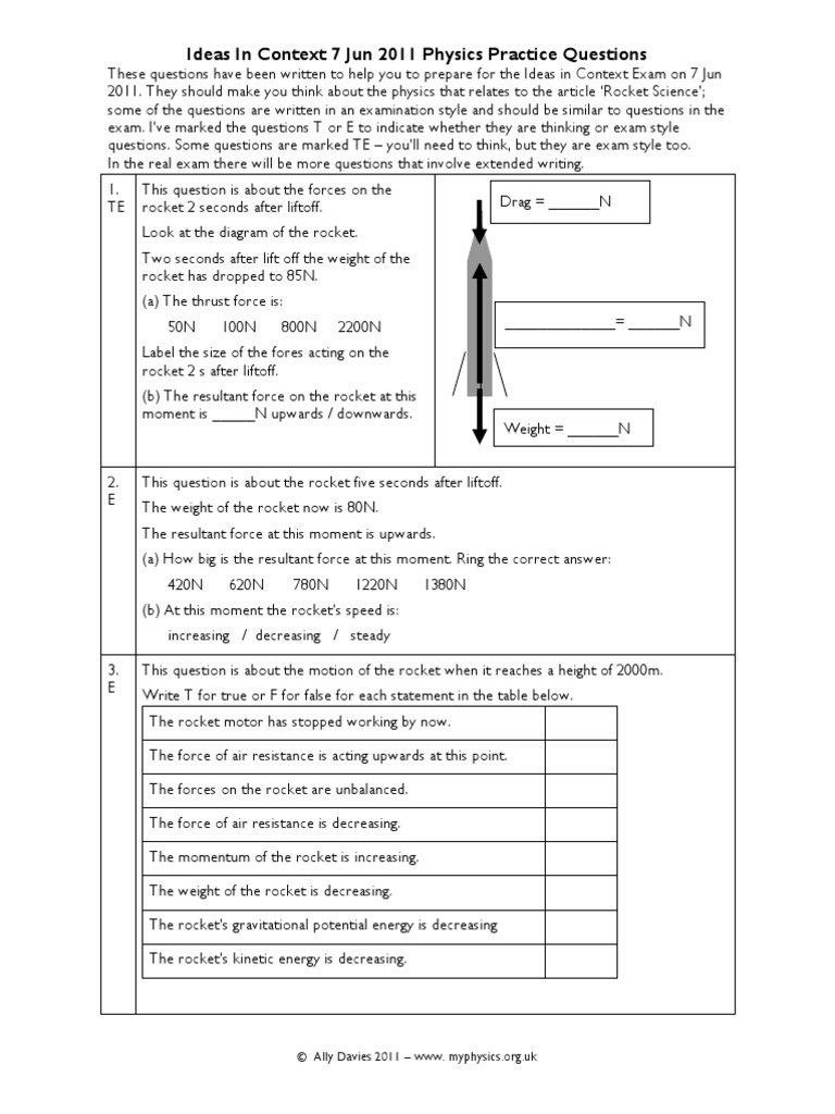 Physics Exam Questions | PDF | Rocket | Force