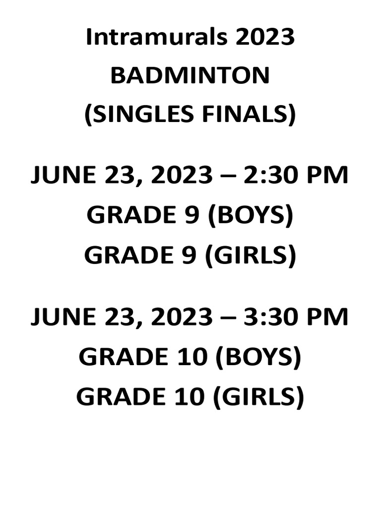 2023 Badminton Intramurals Schedule | PDF
