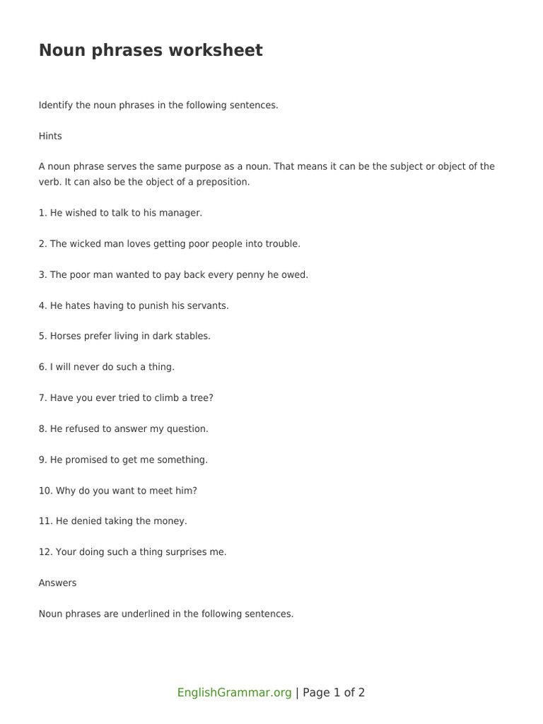 Noun Phrases Worksheet | PDF