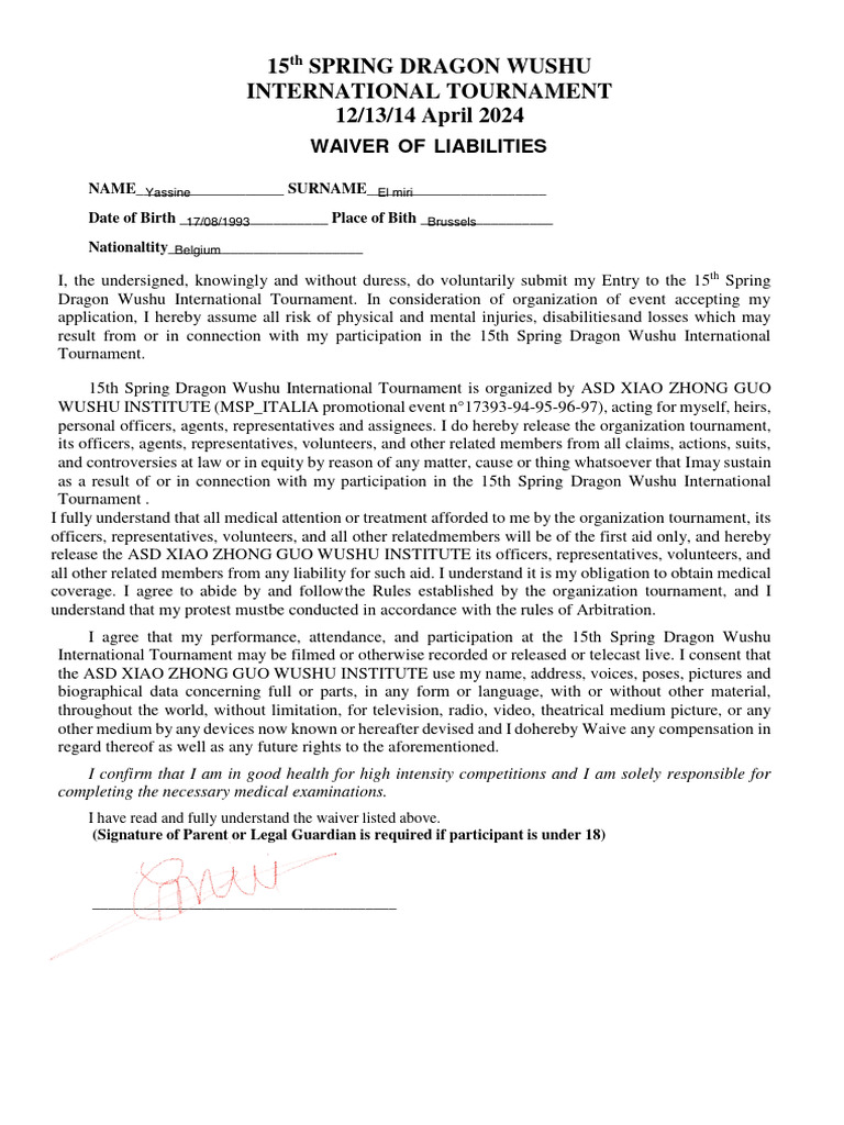 WAIVER 15th SPRING DRAGON WUSHU INTERNATIONAL TOURNMENT | PDF | Justice ...