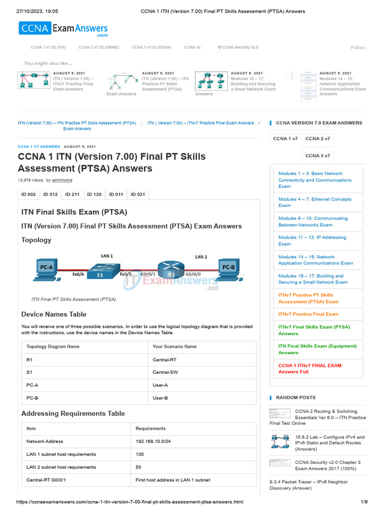 CCNA 1 ITN (Version 7.00) Final PT Skills Assessment (PTSA) Answers2 | PDF | Computer Network ...