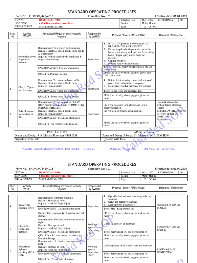 6.6kV Bus Shutdown SOP | PDF | Personal Protective Equipment | Equipment