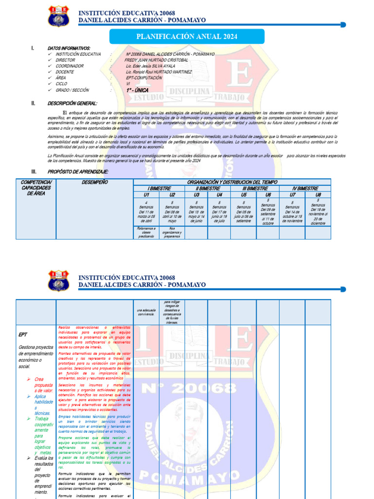 Planificación Anual 2024 PRIMERO - EPT | PDF | Aprendizaje | Igualdad de género