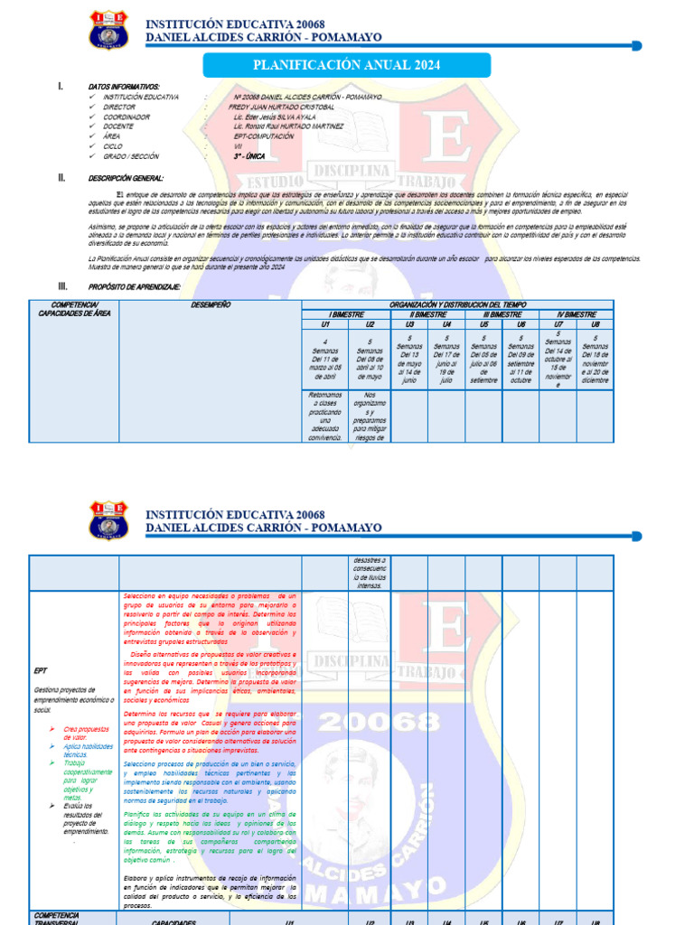 Planificación Anual 2024 TERCERO EPT | PDF | Aprendizaje | Iniciativa empresarial