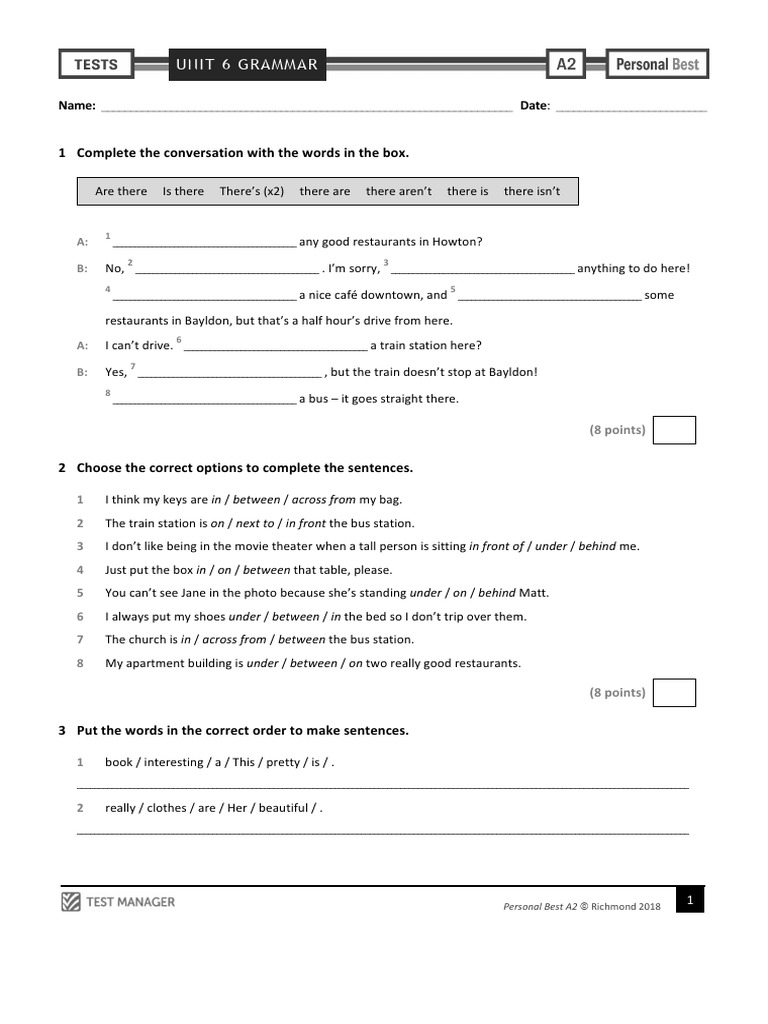 Personal_Best_A2_Unit_6_Grammar_test | PDF